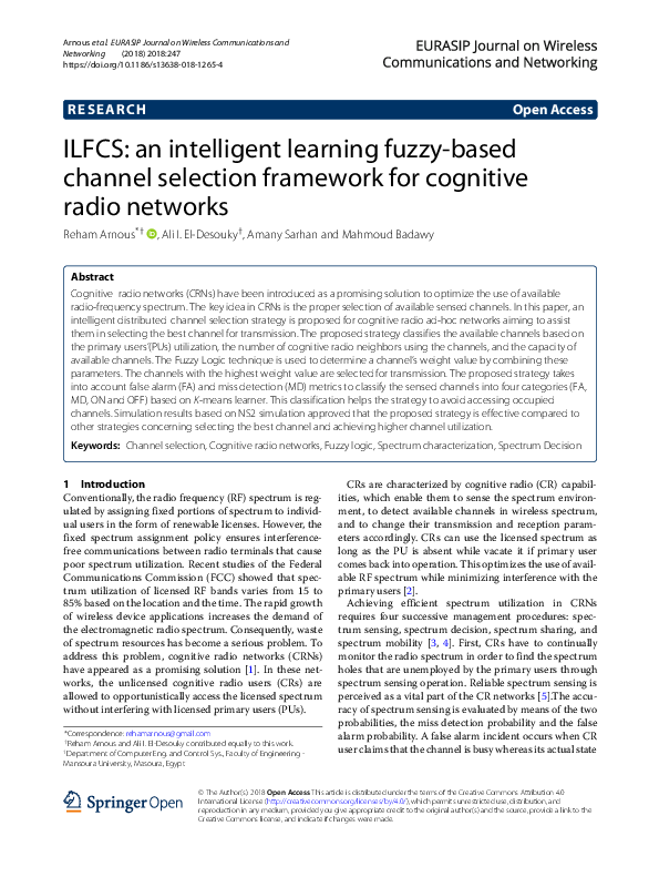 (PDF) ILFCS: an intelligent learning fuzzy-based channel selection framework for cognitive radio ...
