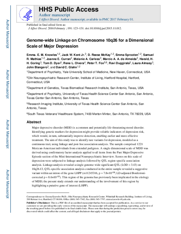 (PDF) Genome-wide linkage on chromosome 10q26 for a dimensional scale ...