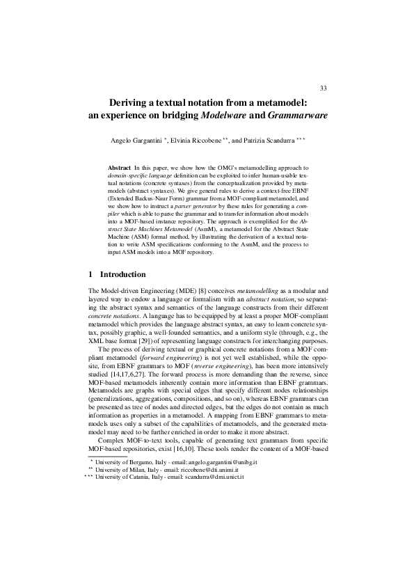 (PDF) Deriving a textual notation from a metamodel: an experience on bridging Modelware and ...