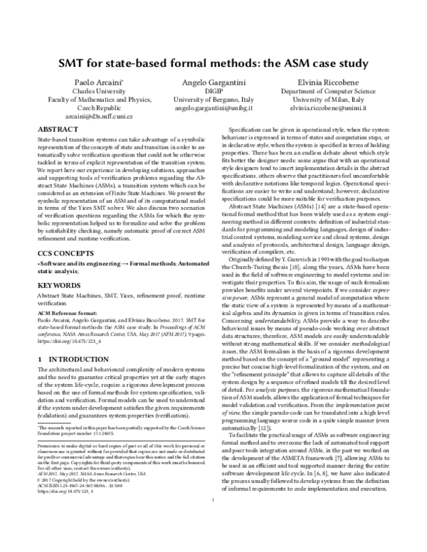(PDF) SMT for state-based formal methods: the ASM case study