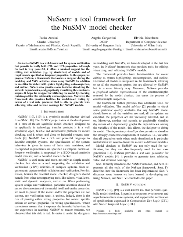(PDF) NuSeen: A Tool Framework for the NuSMV Model Checker | Angelo Gargantini - Academia.edu