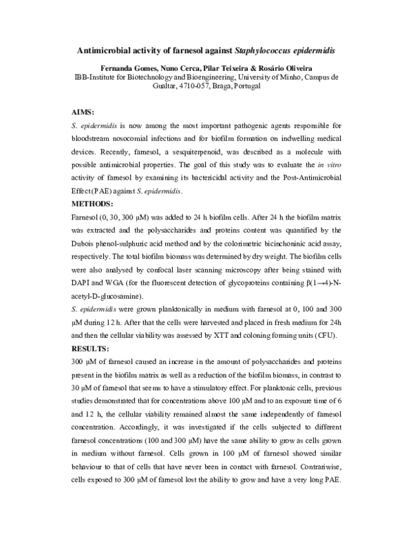(PDF) Antimicrobial activity of farnesol against Staphylococcus epidermidis