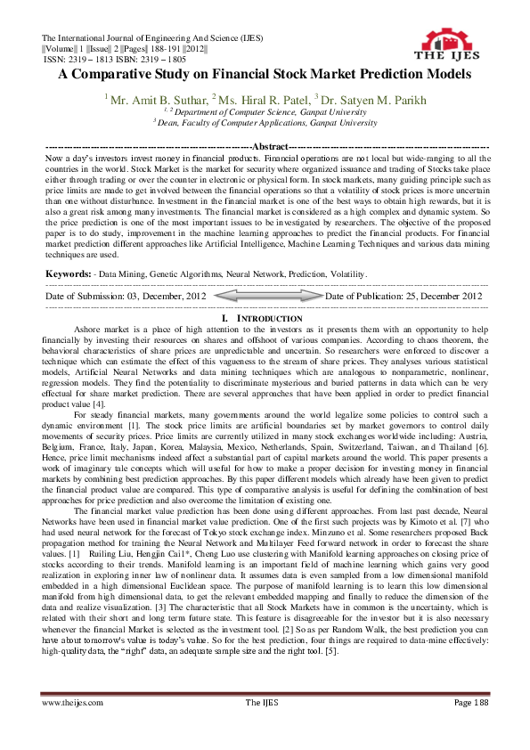 (PDF) A Comparative Study on Financial Stock Market Prediction Models
