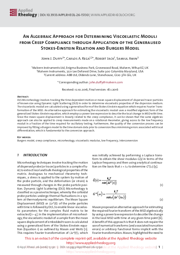 (PDF) An Algebraic Approach for Determining Viscoelastic Moduli From ...
