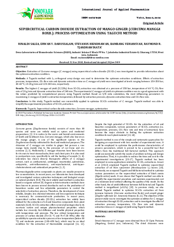 (PDF) SUPERCRITICAL CARBON DIOXIDE EXTRACTION OF MANGO GINGER (CURCUMA MANGGA ROXB.): PROCESS ...