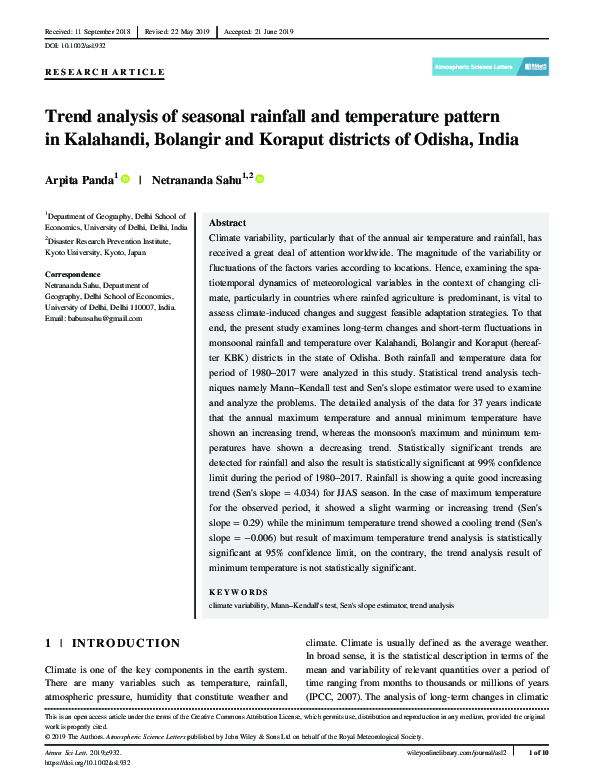 (PDF) Trend analysis of seasonal rainfall and temperature pattern in Kalahandi, Bolangir and ...