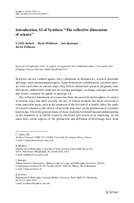 (PDF) Introduction, SI of Synthese “The collective dimension of science”