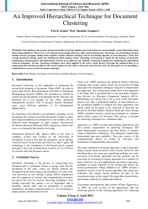 (PDF) An Improved Hierarchical Technique for Document Clustering (PDF) An Improved Hierarchical Technique for Document Clustering