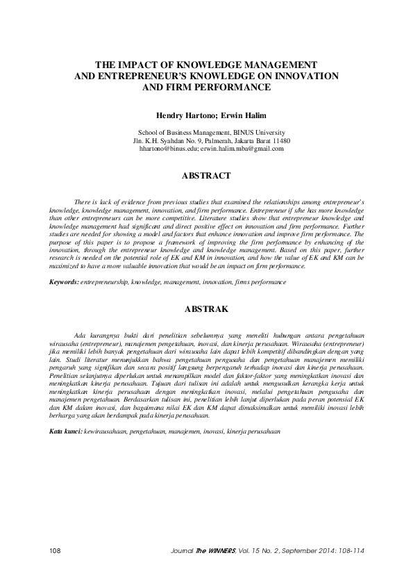 (PDF) The Impact of Knowledge Management and Entrepreneur’s Knowledge on Innovation and Firm ...