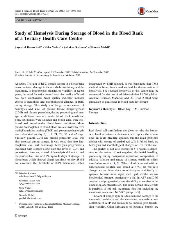 (PDF) Study of Hemolysis During Storage of Blood in the Blood Bank of a ...
