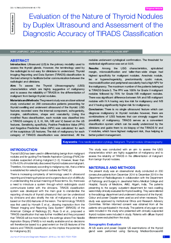 (PDF) Evaluation of the Nature of Thyroid Nodules by Duplex Ultrasound and Assessment of the ...