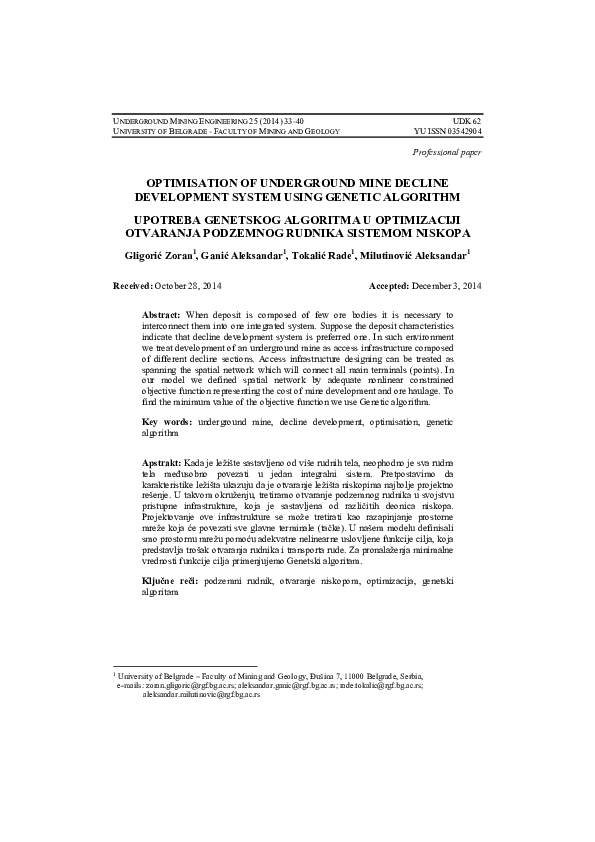 (PDF) Optimisation of underground mine decline development system using genetic algorithm