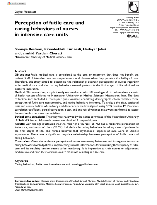 (PDF) Perception of futile care and caring behaviors of nurses in intensive care units