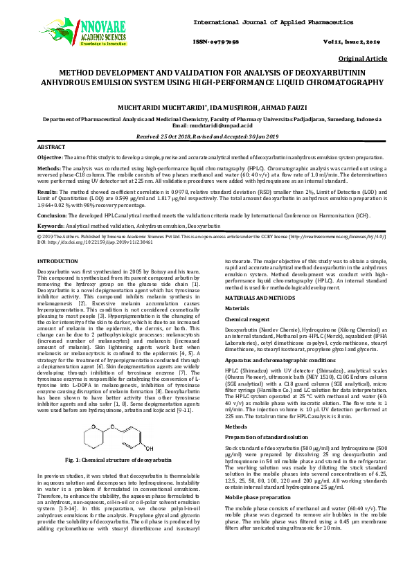 (PDF) METHOD DEVELOPMENT AND VALIDATION FOR ANALYSIS OF DEOXYARBUTININ ANHYDROUS EMULSION SYSTEM ...