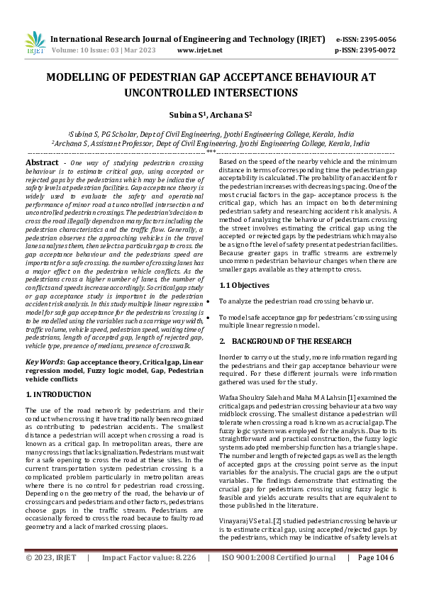 Pdf Modelling Of Pedestrian Gap Acceptance Behaviour At Uncontrolled Intersections