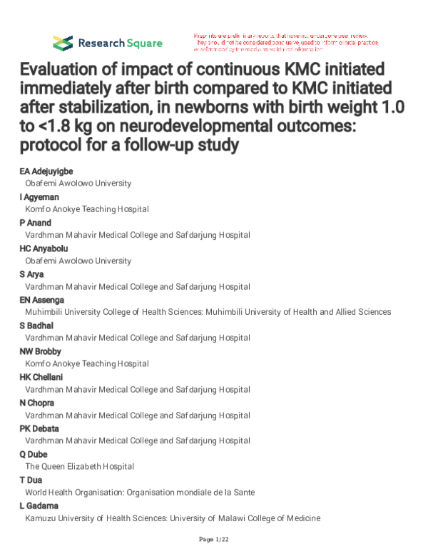 (PDF) Evaluation of impact of continuous KMC initiated immediately after birth compared to KMC ...