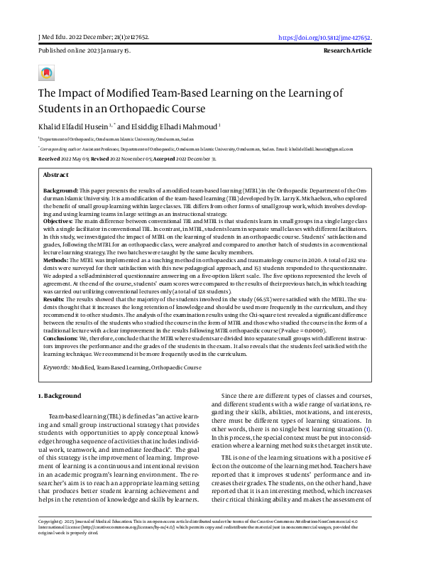 (PDF) The Impact of Modified Team-Based Learning on the Learning of ...
