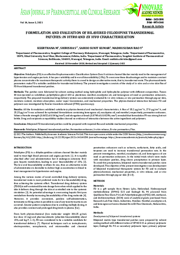 Pdf Formulation And Evaluation Of Bilayered Felodipine Transdermal Patches In Vitro And Ex