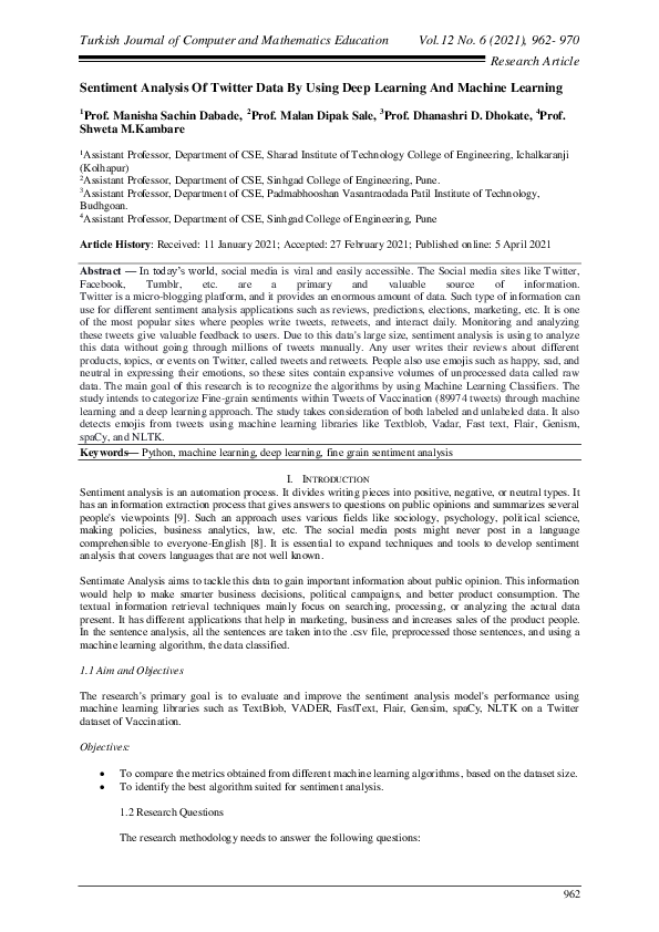 Pdf Sentiment Analysis Of Twitter Data By Using Deep Learning And Machine Learning