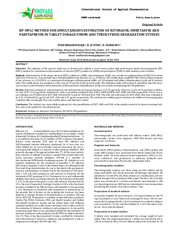 (PDF) RP-HPLC METHOD FOR SIMULTANEOUS ESTIMATION OF RITONAVIR, OMBITASVIR AND PARITAPREVIR IN ...