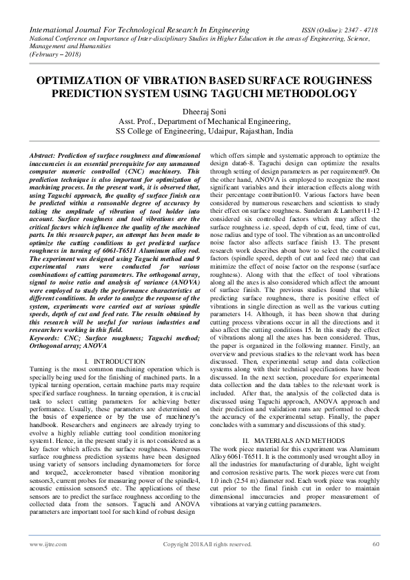 Pdf Optimization Of Vibration Based Surface Roughness Prediction