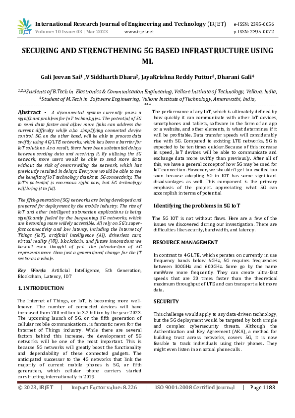 (PDF) SECURING AND STRENGTHENING 5G BASED INFRASTRUCTURE USING ML