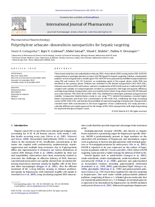 (PDF) Polyethylene sebacate–doxorubicin nanoparticles for hepatic targeting