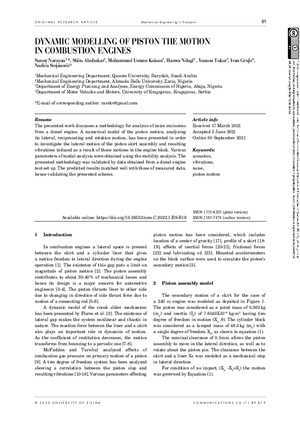 Pdf Dynamic Modelling Of Piston The Motion In Combustion Engines