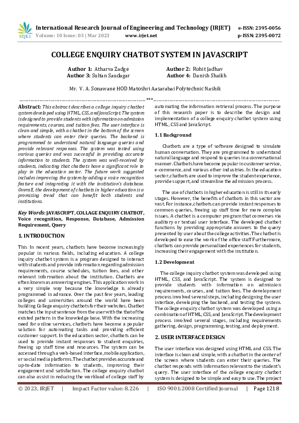 (PDF) COLLEGE ENQUIRY CHATBOT SYSTEM IN JAVASCRIPT