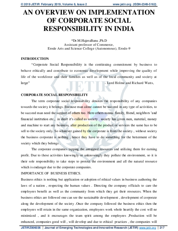 (PDF) AN OVERVIEW ON IMPLEMENTATION OF CORPORATE SOCIAL RESPONSIBILITY IN INDIA