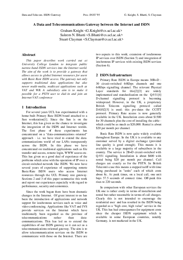 (PDF) A Data and Telecommunications Gateway between the Internet and ISDN