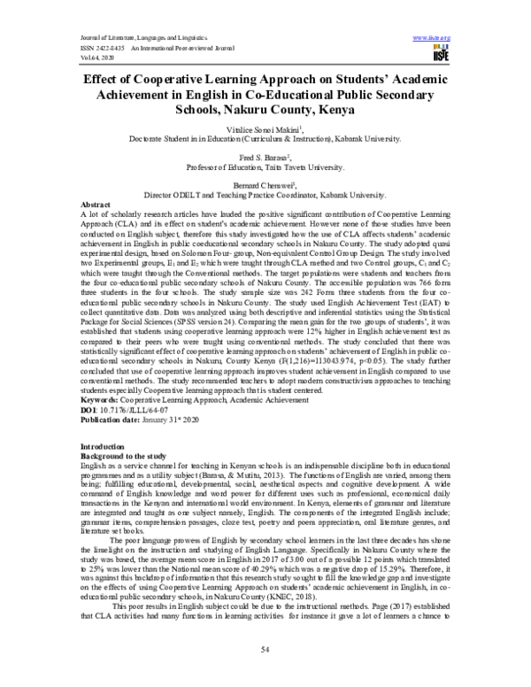 (PDF) Effect of Cooperative Learning Approach on Students’ Academic Achievement in English in Co ...