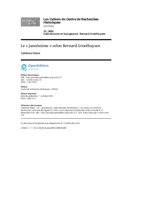 (PDF) Le « Jansénisme » selon Bernard Groethuysen