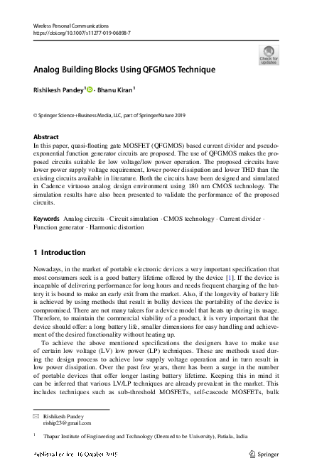 Pdf Analog Building Blocks Using Qfgmos Technique
