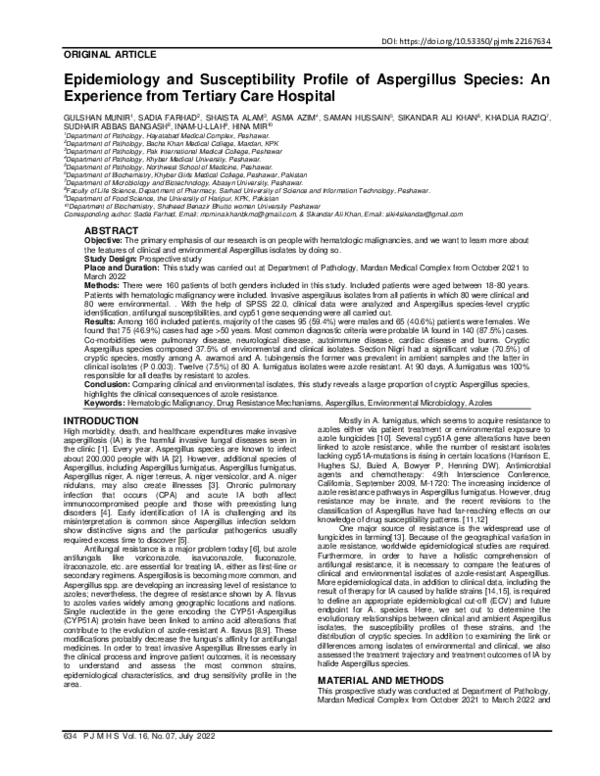 (PDF) Epidemiology and Susceptibility Profile of Aspergillus Species: An Experience from ...