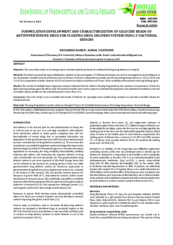 Pdf Formulation Development And Characterization Of Gelucire Beads Of Antihypertensive Drug