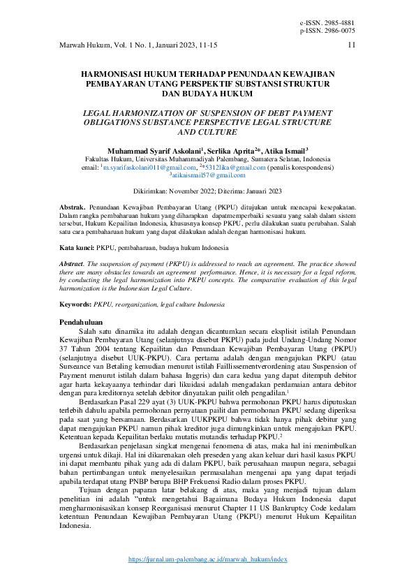 (PDF) Harmonisasi Hukum Terhadap Penundaan Kewajiban Pembayaran Utang Perspektif Substansi ...