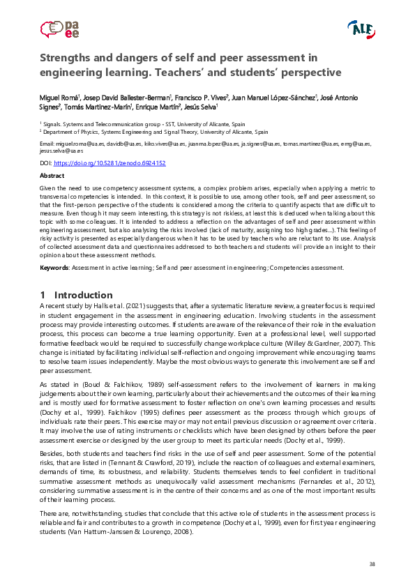 (PDF) Strengths and dangers of self and peer assessment in engineering learning. Teachers' and ...