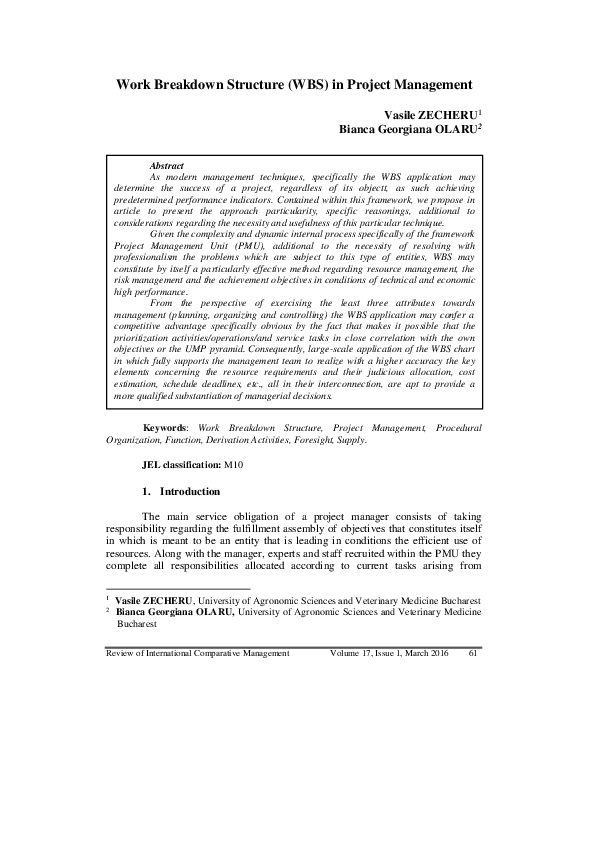 (PDF) Work Breakdown Structure (WBS) in Project Management