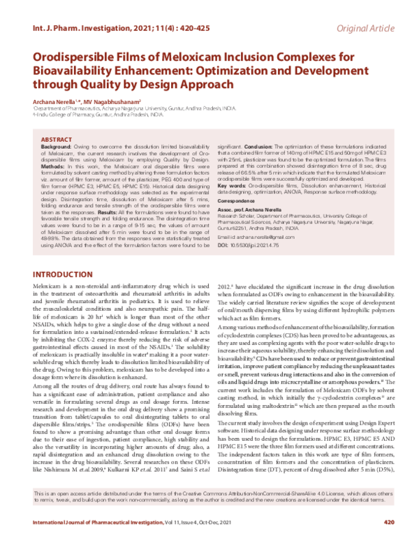 (PDF) Orodispersible Films of Meloxicam Inclusion Complexes for ...