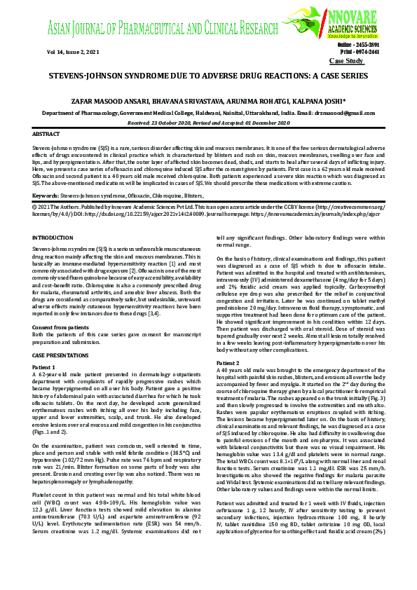 (PDF) STEVENS-JOHNSON SYNDROME DUE TO ADVERSE DRUG REACTIONS: A CASE SERIES