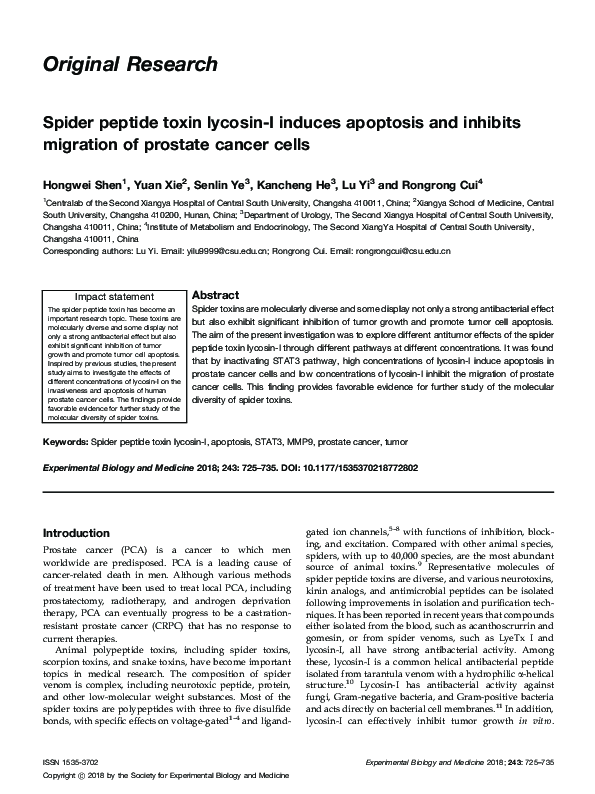 (PDF) Spider peptide toxin lycosin-I induces apoptosis and inhibits ...