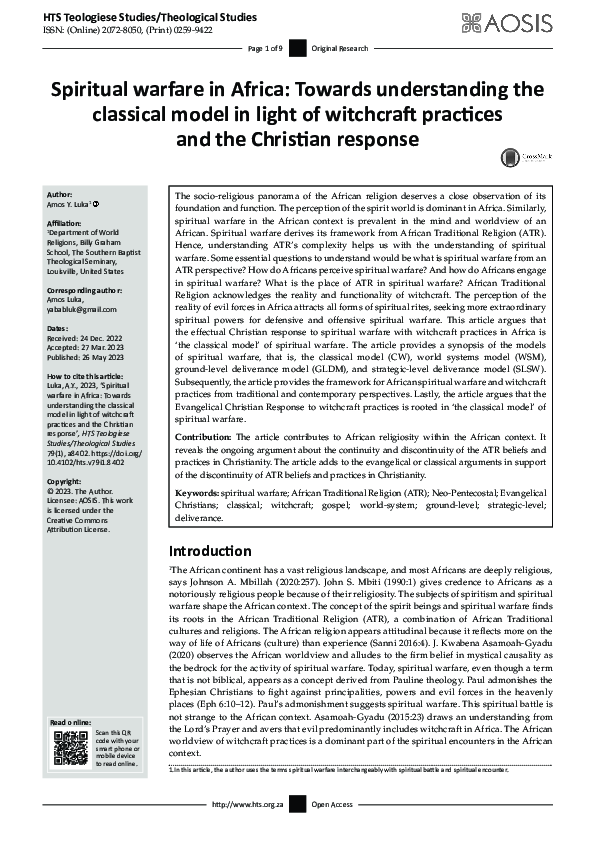 (PDF) Spiritual warfare in Africa: Towards understanding the classical ...