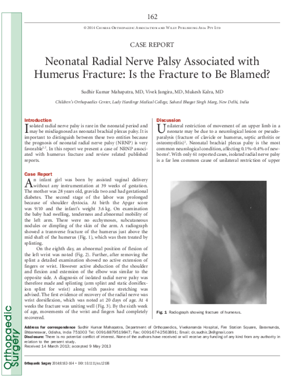 (PDF) Neonatal radial nerve palsy associated with humerus fracture: is ...