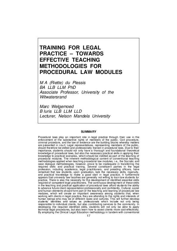 (PDF) Training for Legal Practice – Towards Effective Teaching Methodologies for Procedural Law ...