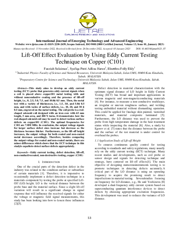 Lift Off Effect Evaluation By Using Eddy Current Testing Technique On