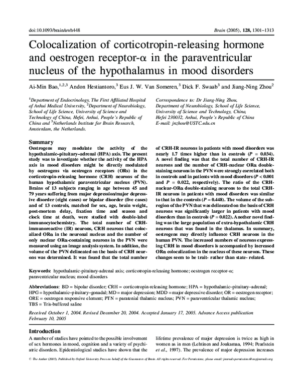 (PDF) Colocalization of corticotropin-releasing hormone and oestrogen receptor-α in the ...