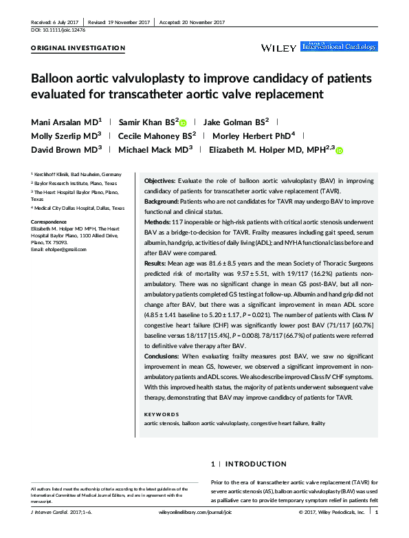 (PDF) Balloon aortic valvuloplasty to improve candidacy of patients evaluated for transcatheter ...