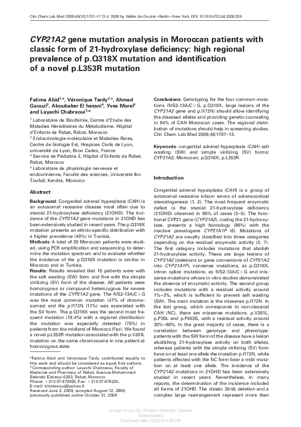 (PDF) CYP21A2 gene mutation analysis in Moroccan patients with classic ...