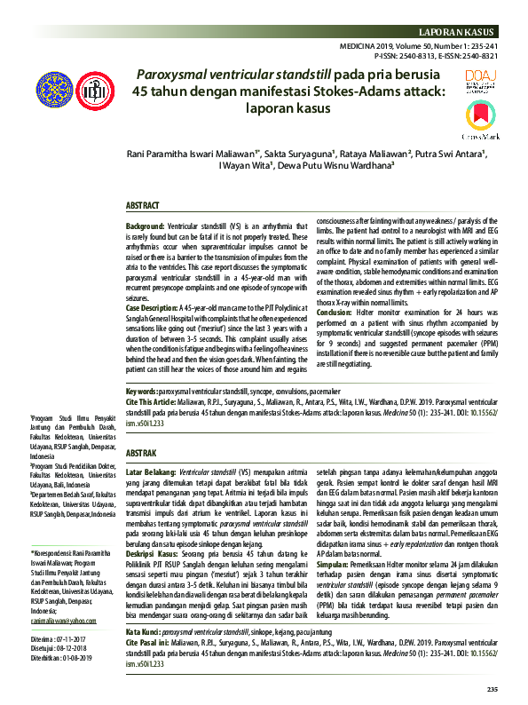 (PDF) Paroxysmal ventricular standstill pada pria berusia 45 tahun dengan manifestasi Stokes ...